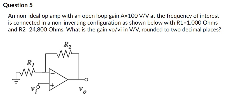 SOLVED: Question 5: A non-ideal op amp with an open loop gain A = 100 V/V at the frequency of ...