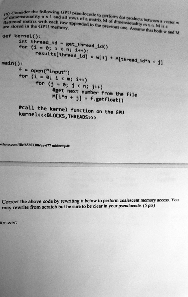 (b) Consider the following GPU pseudocode to perform dot products ...