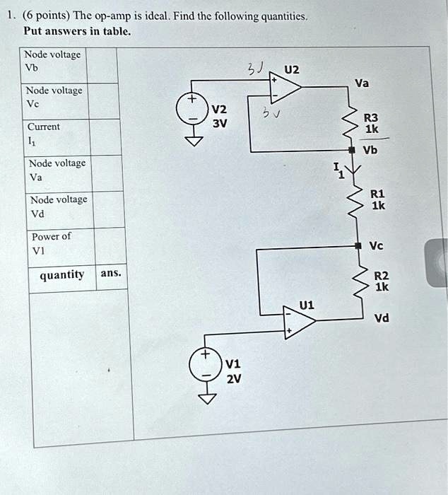 SOLVED: 1. (6 points) The op-amp is ideal. Find the following ... SOLVED: 1. (6 points) The op-amp is ideal. Find the following ...
