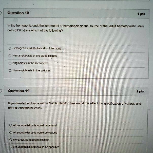 SOLVED: Question 18 pts In the hemogenic endothelium model of ...
