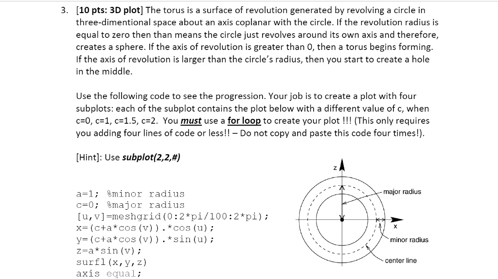 SOLVED: [10 pts: 3D plot] The torus is a surface of revolution generated by revolving a circle ...