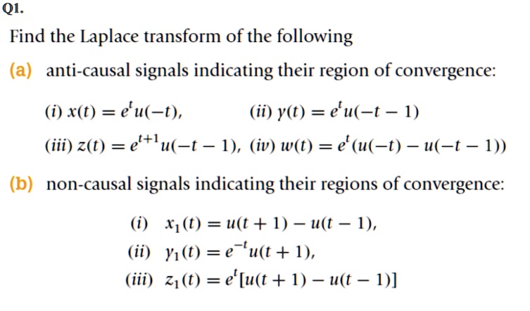 Find the Laplace transform of the following: (a) anti-causal signals indicating their region of ...
