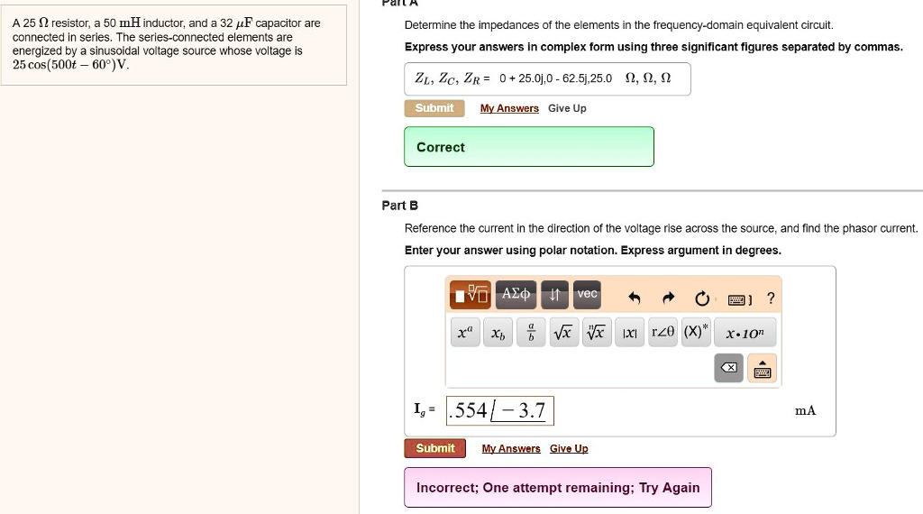 Solved Parta A25 Resistora50mh Inductor And A 32fcapacitor Are Connected In Series The Series