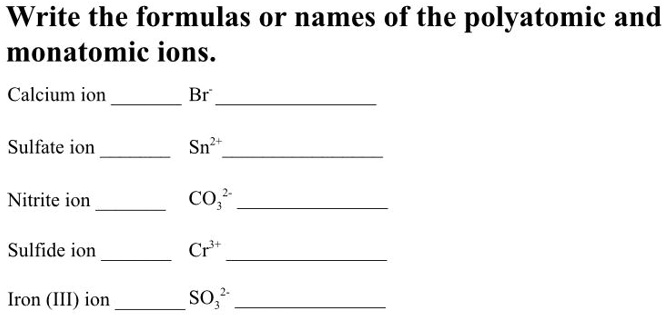 write the formulas or names of the polyatomic and monatomic ions ...