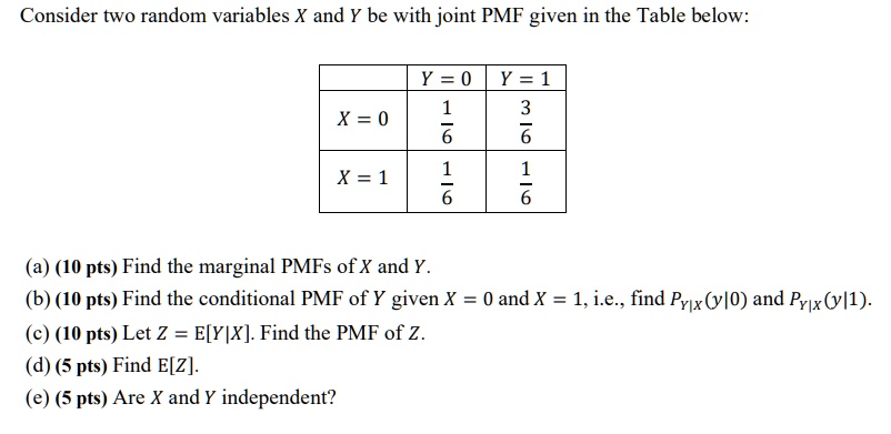 SOLVED:Consider two random variables X and Y be with joint PMF given in the Table below: Y =0 X ...