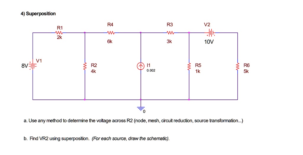 SOLVED: Superposition a. Use any method to determine the voltage across R2 (node, mesh, circuit ...