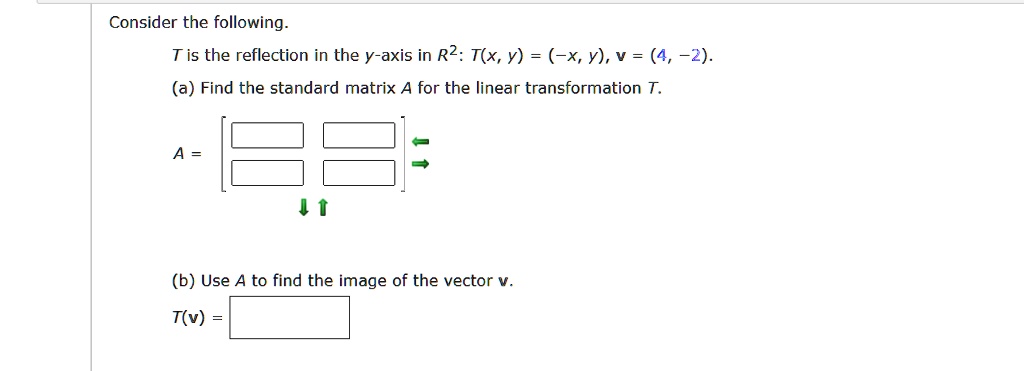 SOLVED: Consider the following. T is the reflection in the y-axis in R2: T(x, y) =(-x, y), v =(4 ...