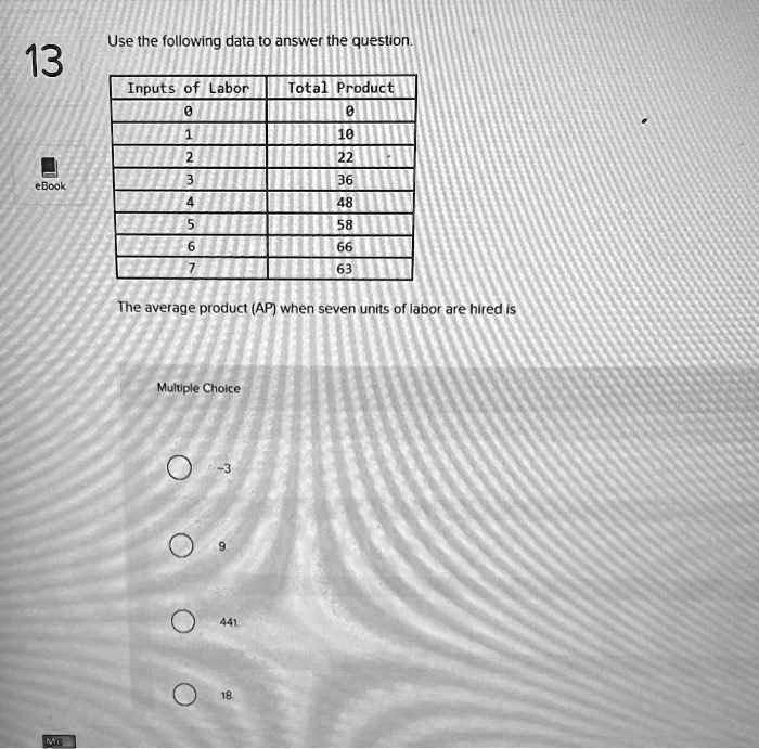 SOLVED: Use the following data to answer the question: Inputs of Labor Total Product Labor The ...