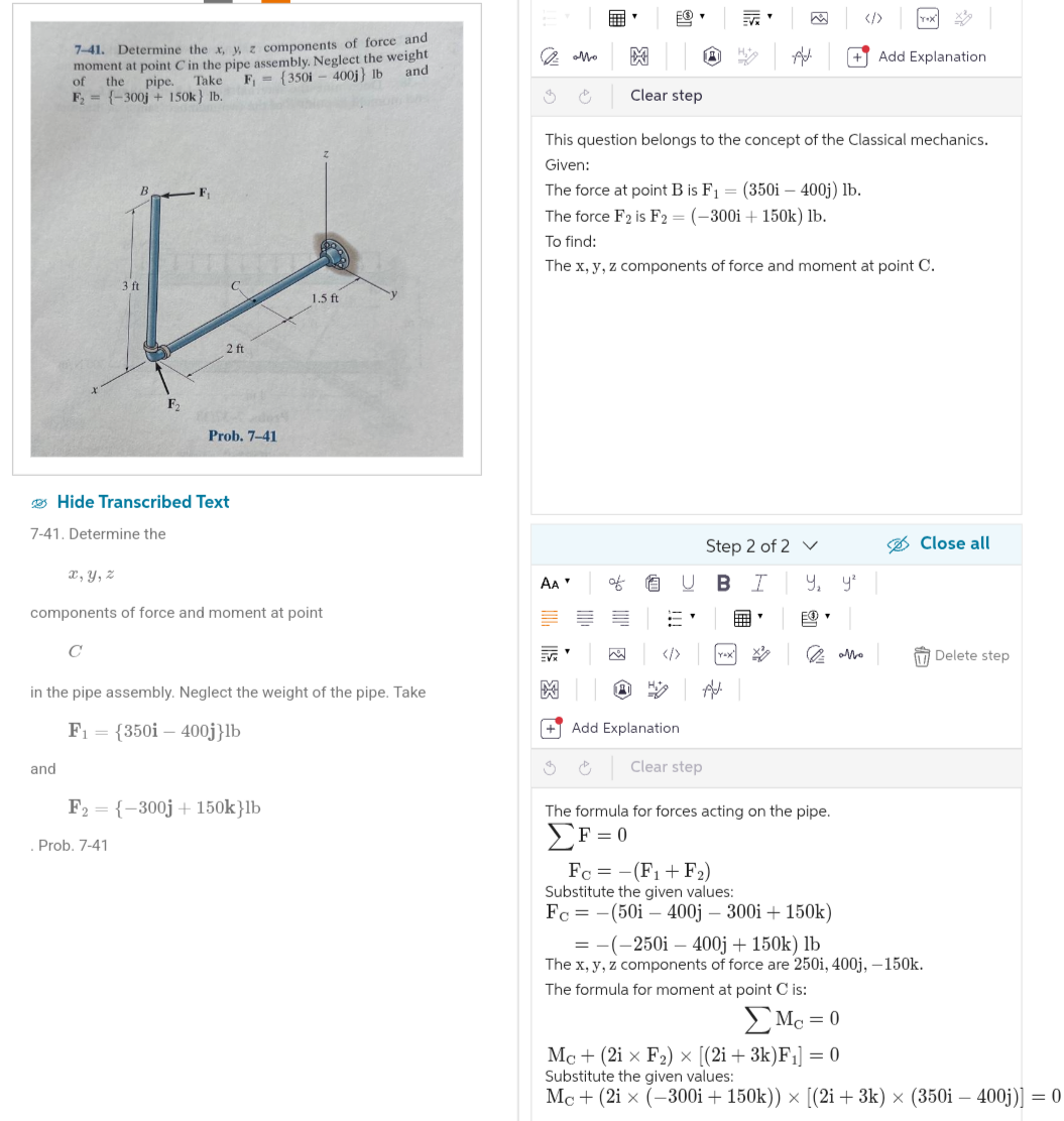 7-41. Determine the x, y, z components of force and moment at point C in the pipe assembly ...