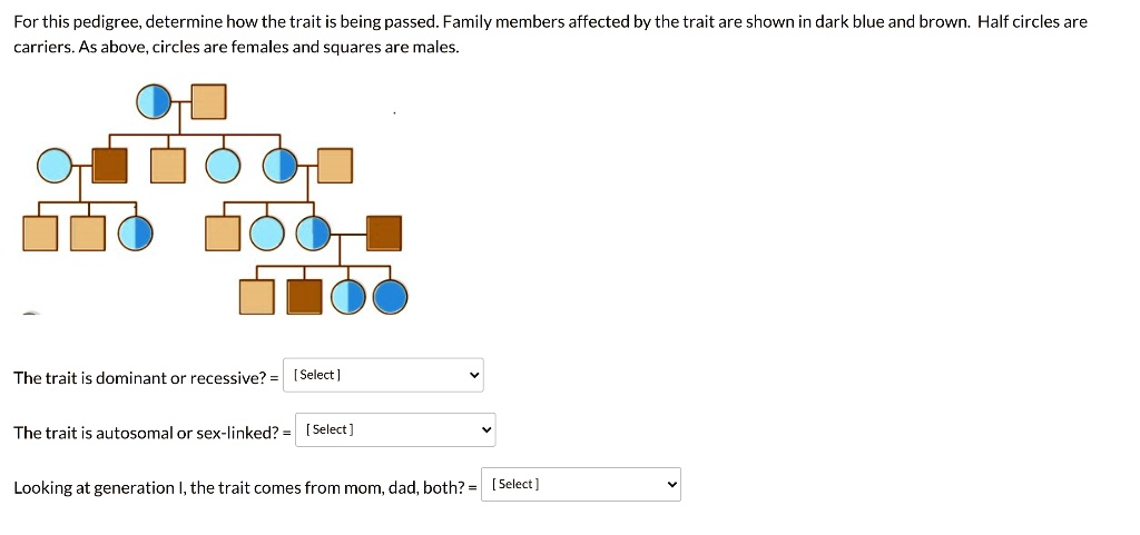 SOLVED: For this pedigree, determine how the trait is being passed ...