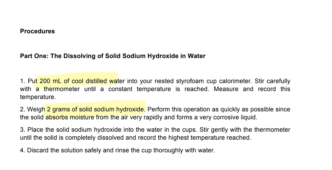 SOLVED: Procedures Part One: The Dissolving of Solid Sodium Hydroxide ...