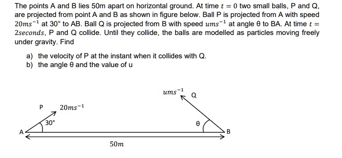 The points A and B lies 50m apart on horizontal ground. At time t = 0 two small balls, P and Q ...