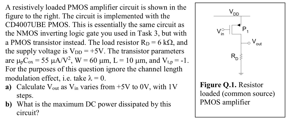 SOLVED: A resistively loaded PMOS amplifier circuit is shown in the figure to the right. The ...