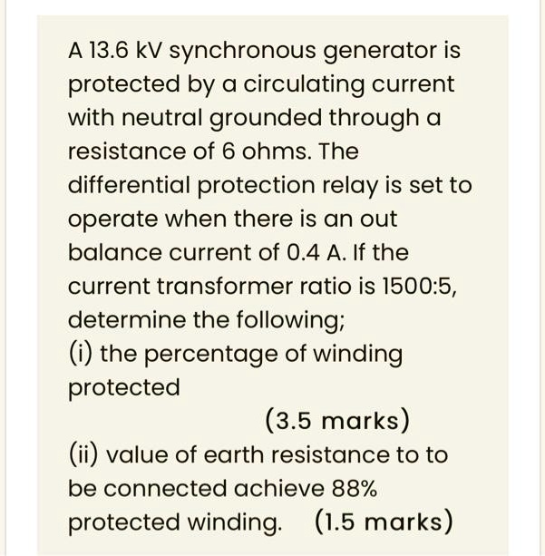 A 13.6 kV synchronous generator is protected by a circulating current ...