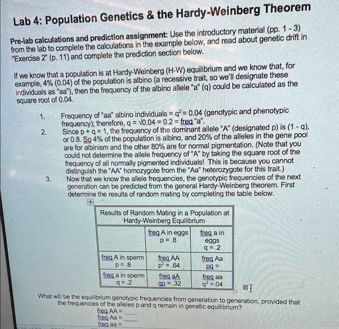 SOLVED: Lab 4: Population Genetics the Hardy-Weinberg Theorem Pre-lab ...