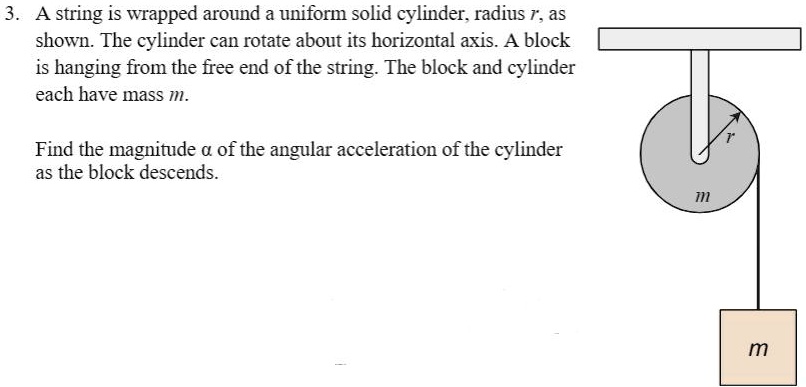 3. A string is wrapped around a uniform solid cylinder, radius r, as shown. The cylinder can ...