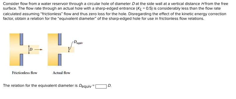 SOLVED: Consider flow from a water reservoir through a circular hole of diameter D at the side ...