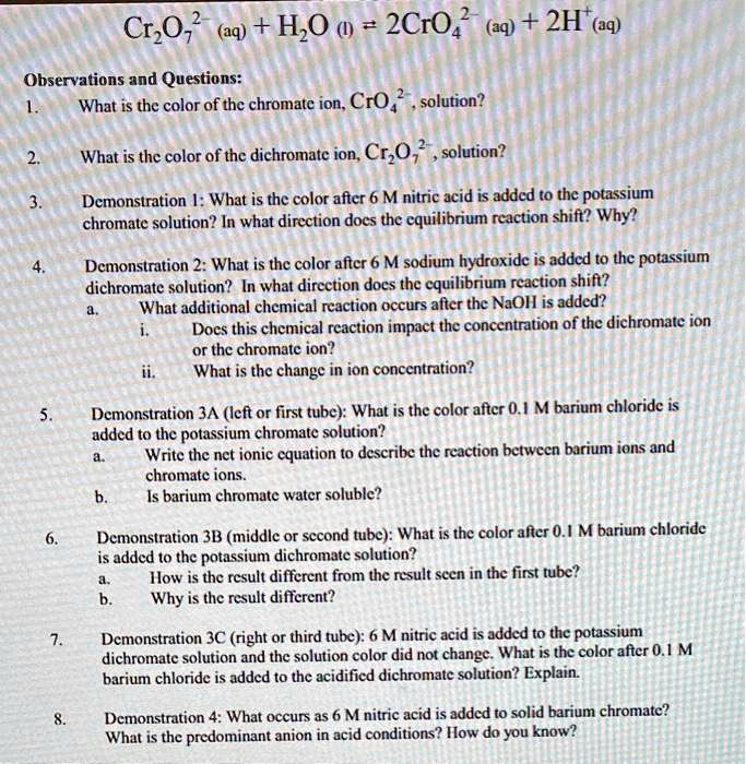 SOLVED: Cr2O7(aq) + 2H+(aq) â†’ 2CrO4(aq) + H2O(l) Observations and ...