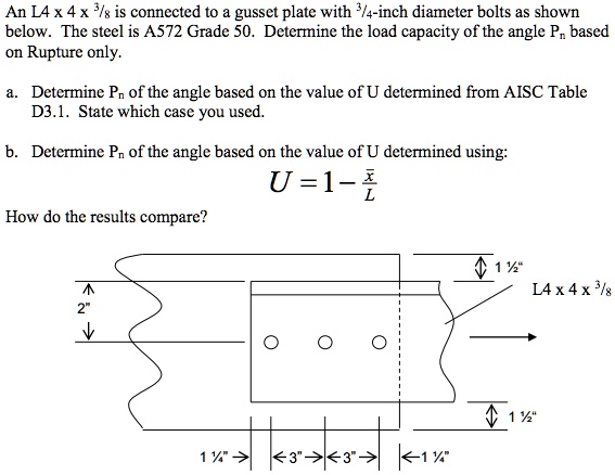 SOLVED: An L4 x 4 x 3/s angle is connected to a gusset plate with 3/4-inch diameter bolts as ...