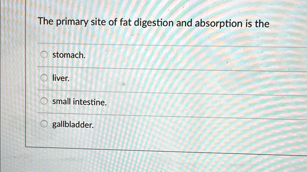 The primary site of fat digestion and absorption is the stomach. liver ...