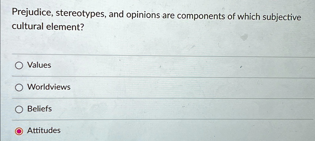 SOLVED: Prejudice, stereotypes, and opinions are components of which ...