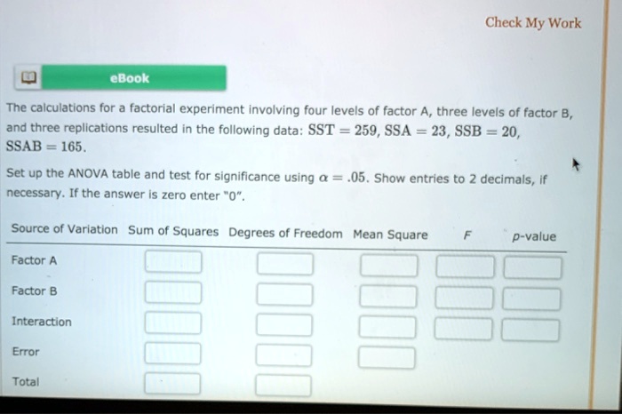 SOLVED: @bobk The calculations for a factorial experiment involving four levels of factor A ...