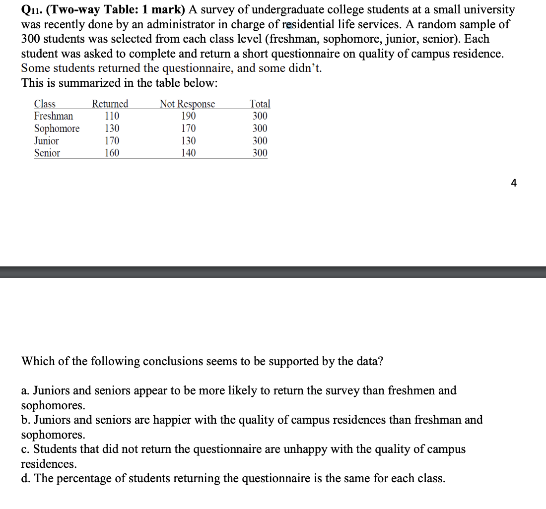 Q11. (Two-way Table: 1 mark) A survey of undergraduate college students at a small university ...