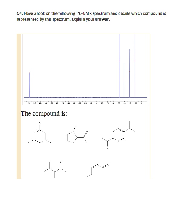 SOLVED: 04. Have look on the following 1C-NMR spectrum and decide which compound is represented ...
