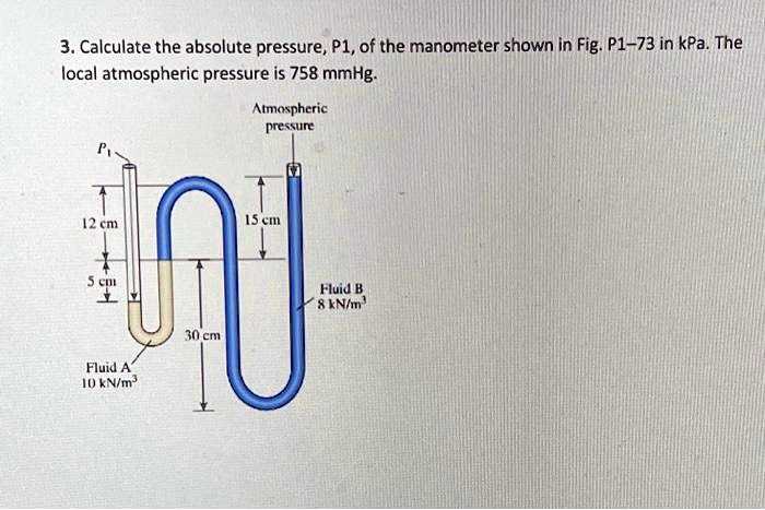 SOLVED: 3.Calculate the absolute pressure,P1,of the manometer shown in Fig.P1-73 in kPa.The ...