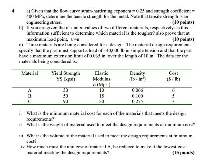 4 a) Given that the flow curve strain-hardening exponent = 0.25 and ...