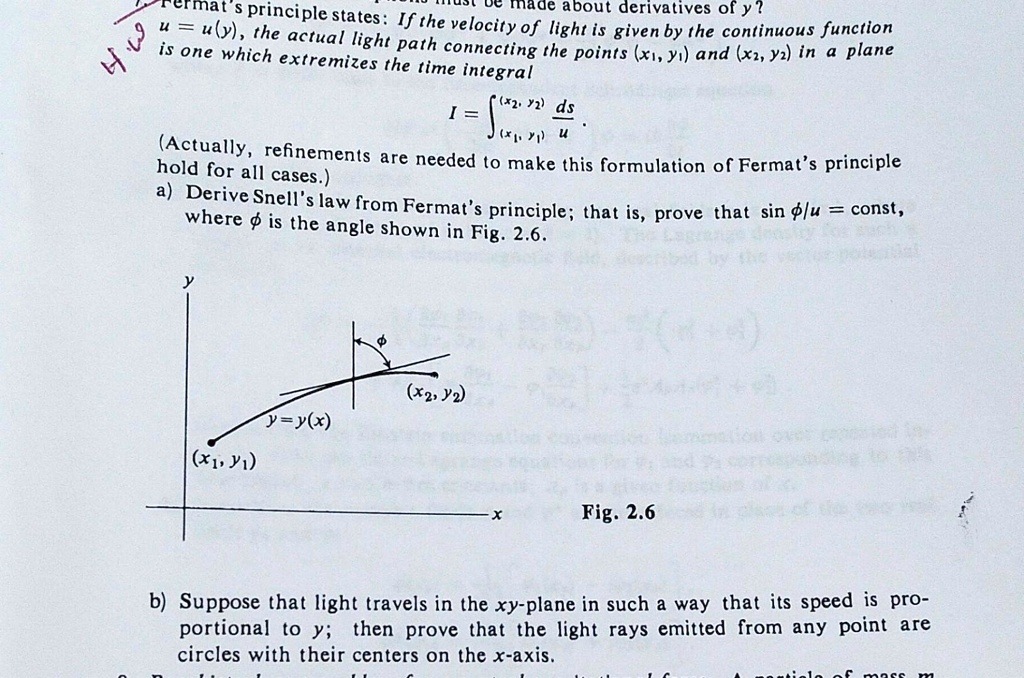 Fermat's principle states: If the velocity of light is given by the ...