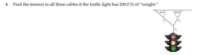 SOLVED: 4. Find the tension in all three cables if the traffic light ...