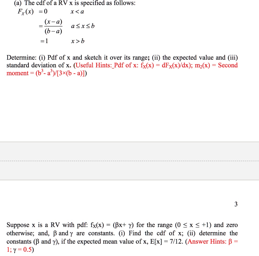 SOLVED: The cumulative distribution function (cdf) of a random variable (RV) x is specified as ...