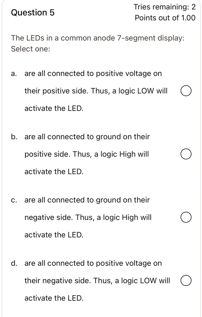 question 5 tries remaining 2 points out of 100 the leds in a common ...