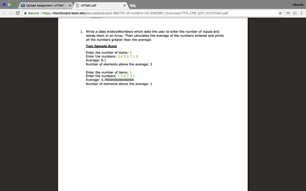 Upload Assignment: ch7lab1 x ch7lab1.pdf ??C Secure | https://blackboard.kean.edu/bbcswebdav/pid ...