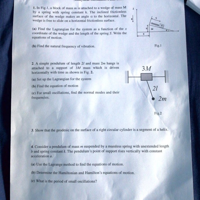 In Fig. 1, a block of mass m is attached to a wedge of mass M by a ...