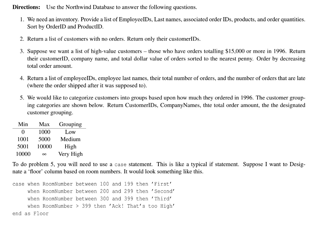 SOLVED: Directions: Use the Northwind Database to answer the following ...