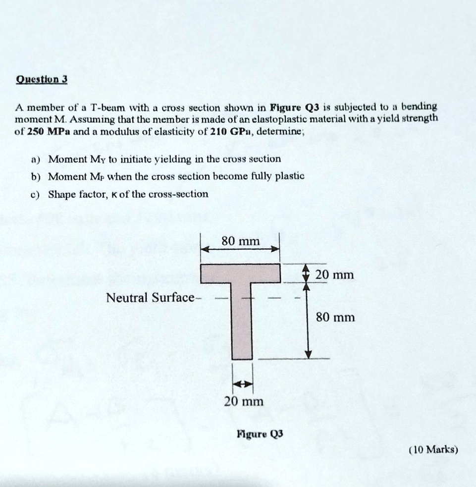 SOLVED: A member of a T-beam with a cross section shown in Figure Q3 is subjected to a bending ...