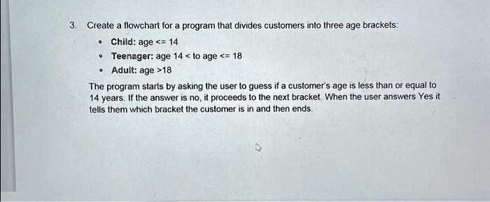 3. Create a flowchart for a program that divides customers into three age brackets: • Child: age ...