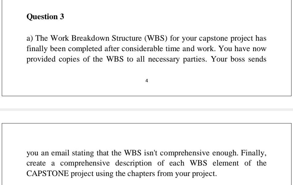 SOLVED: Question 3 a) The Work Breakdown Structure (WBS) for your ...