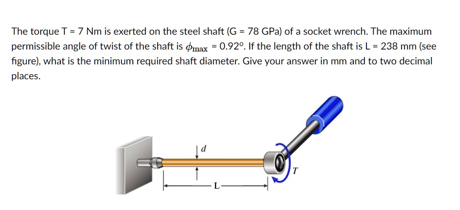 The torque T = 7 Nm is exerted on the steel shaft (G = 78 GPa) of a ...