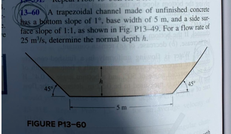 SOLVED: 13-60 A trapezoidal channel made of unfinished concrete has a ...