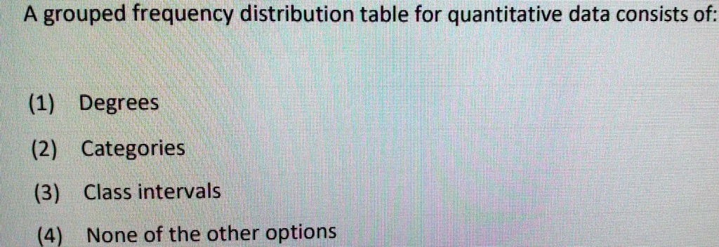 SOLVED: A grouped frequency distribution table for quantitative data consists of: (1) Degrees (2 ...