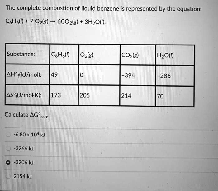 the complete combustion of liquid benzene is represented by the ...