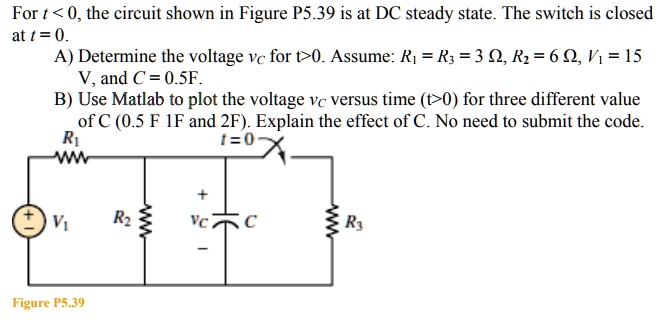 SOLVED: Use Matlab to plot the voltage vC versus time (t > 0) for three different values of C (0 ...