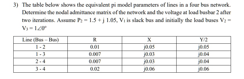 3 the table below shows the equivalent pi model parameters of lines in a four bus network ...