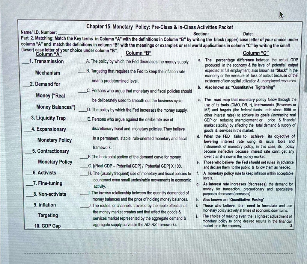 chapter 15 monetary policy pre class in class activities packet name id ...