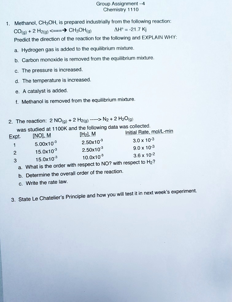 SOLVED: Group Assignment Chemistry 1110 Methanol, CH3OH, is prepared industrially from the ...