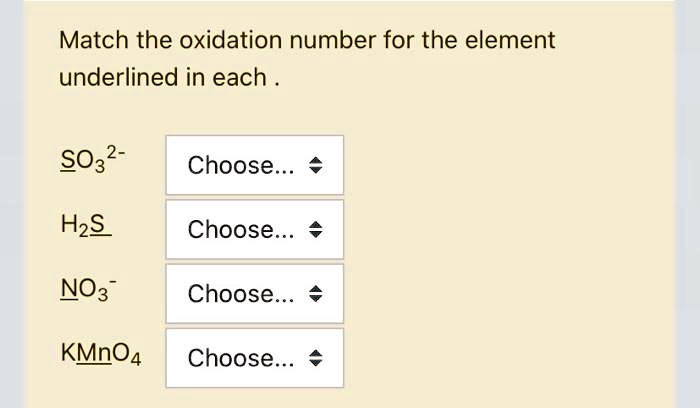 SOLVED: Match the oxidation number for the element underlined in each ...