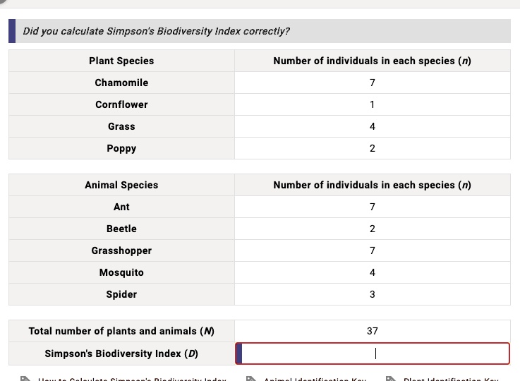 SOLVED: Calculate Simpson's Biodiversity Index and record it in Lab ... SOLVED: Calculate Simpson's Biodiversity Index and record it in Lab ...